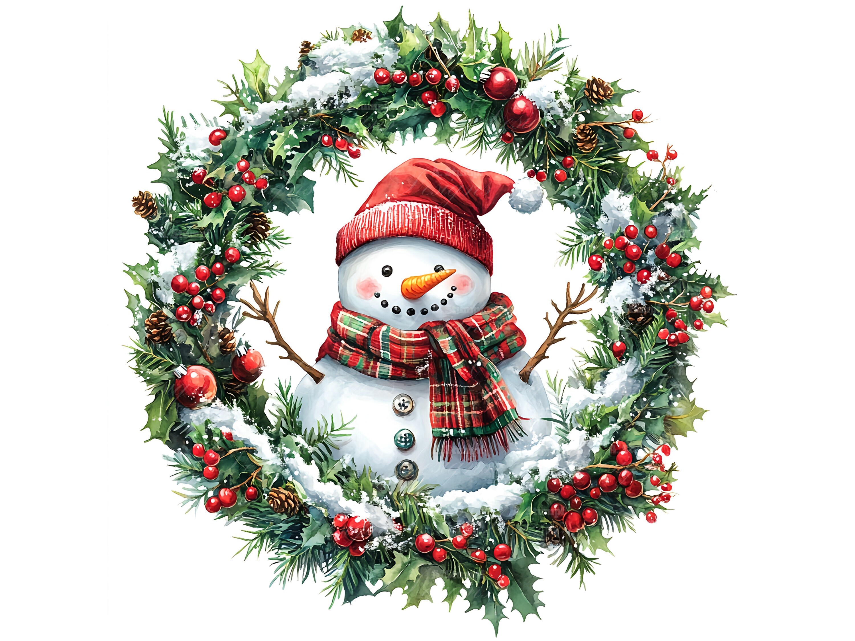 10 Snowman Clipart Set, Christmas Wreath Decoration, Winter Wonderland ...