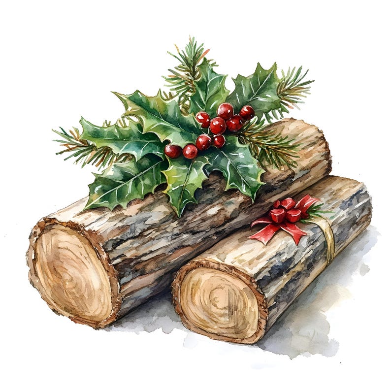 10 Mistletoe and Holly on Pine Wood Logs Clipart Set Digital Watercolor ...