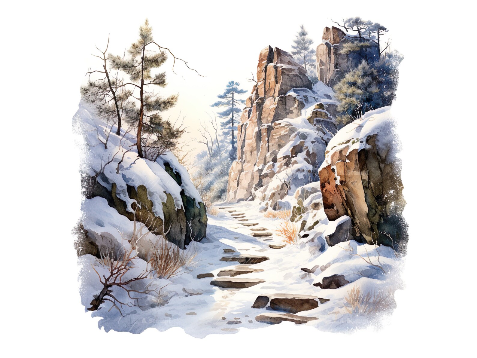 10 Rocky Hiking Trail in Winter Clipart Set Snowy Mountain Hike Digital ...