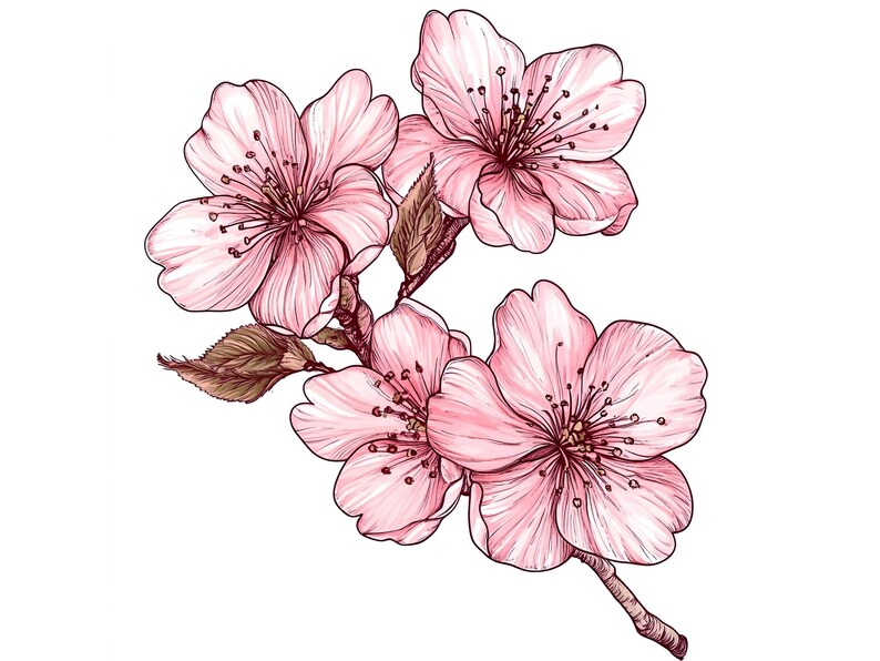 10 Sakura Flowers Clipart Set, Digital Watercolor Painting, Cherry ...