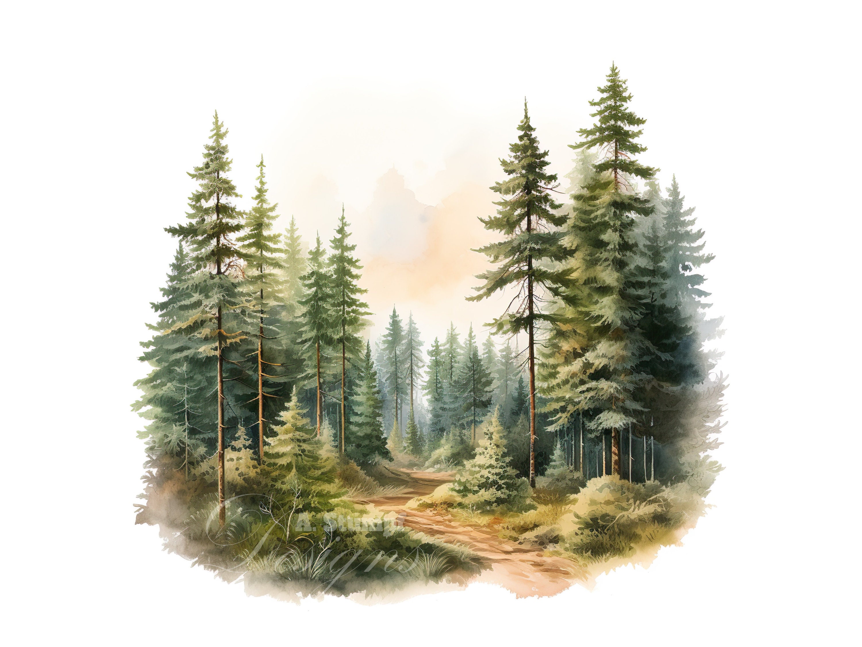 10 Coniferous Forest Landscape Clipart Set Digital Watercolor Painting ...