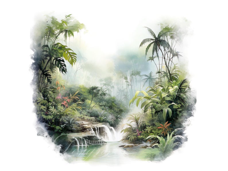 10 Jungle Clipart Set Digital Watercolor Painting Rainforest Landscape ...