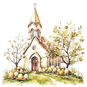 10 Easter Decorated Church Digital Watercolor Painting Christian Decor ...
