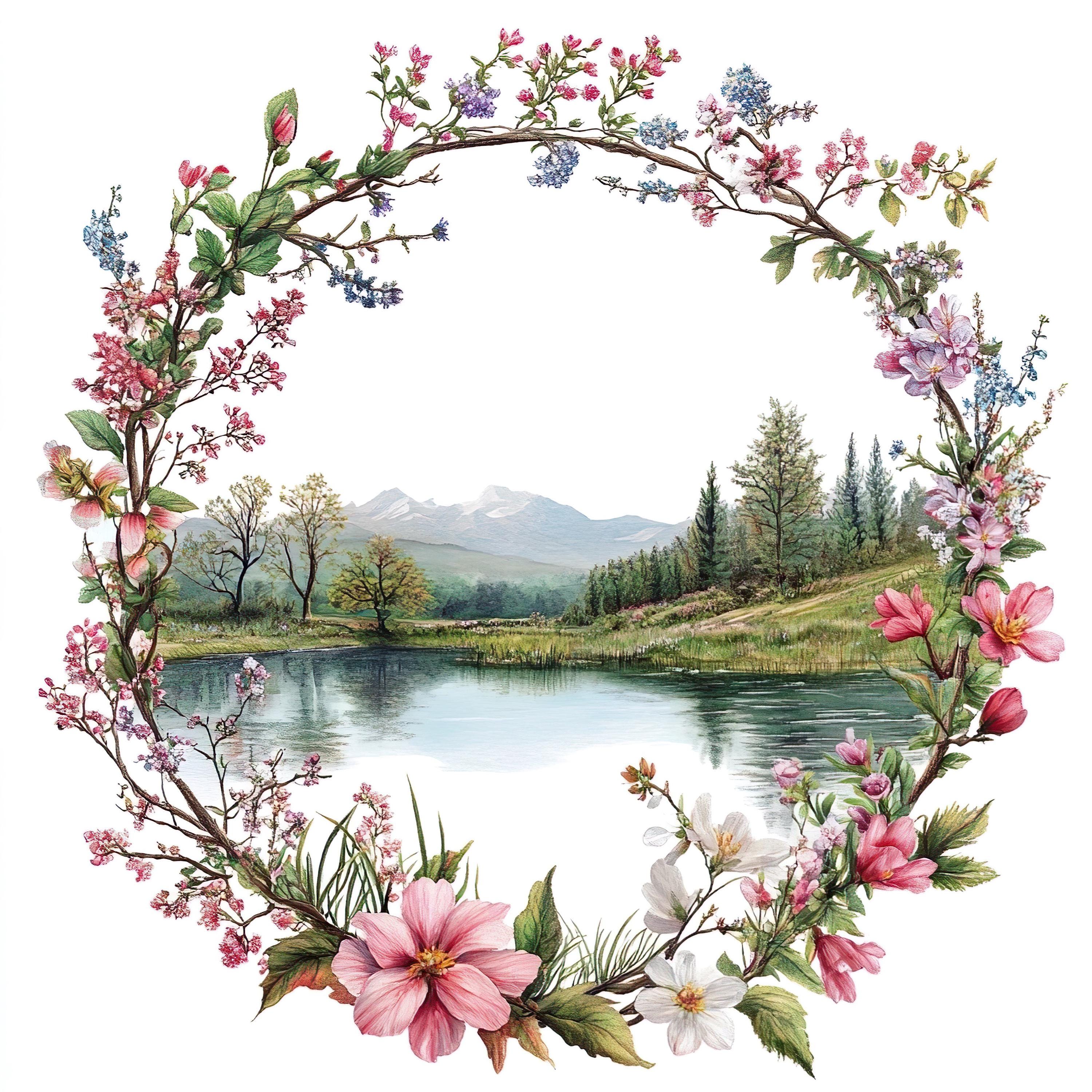 10 Spring Lake Landscape Clipart Set Digital Watercolor Painting Floral ...