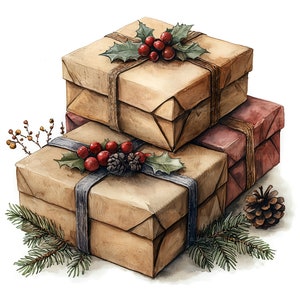 10 Rustic Christmas Gift Box Clipart Set Digital Watercolor Painting ...