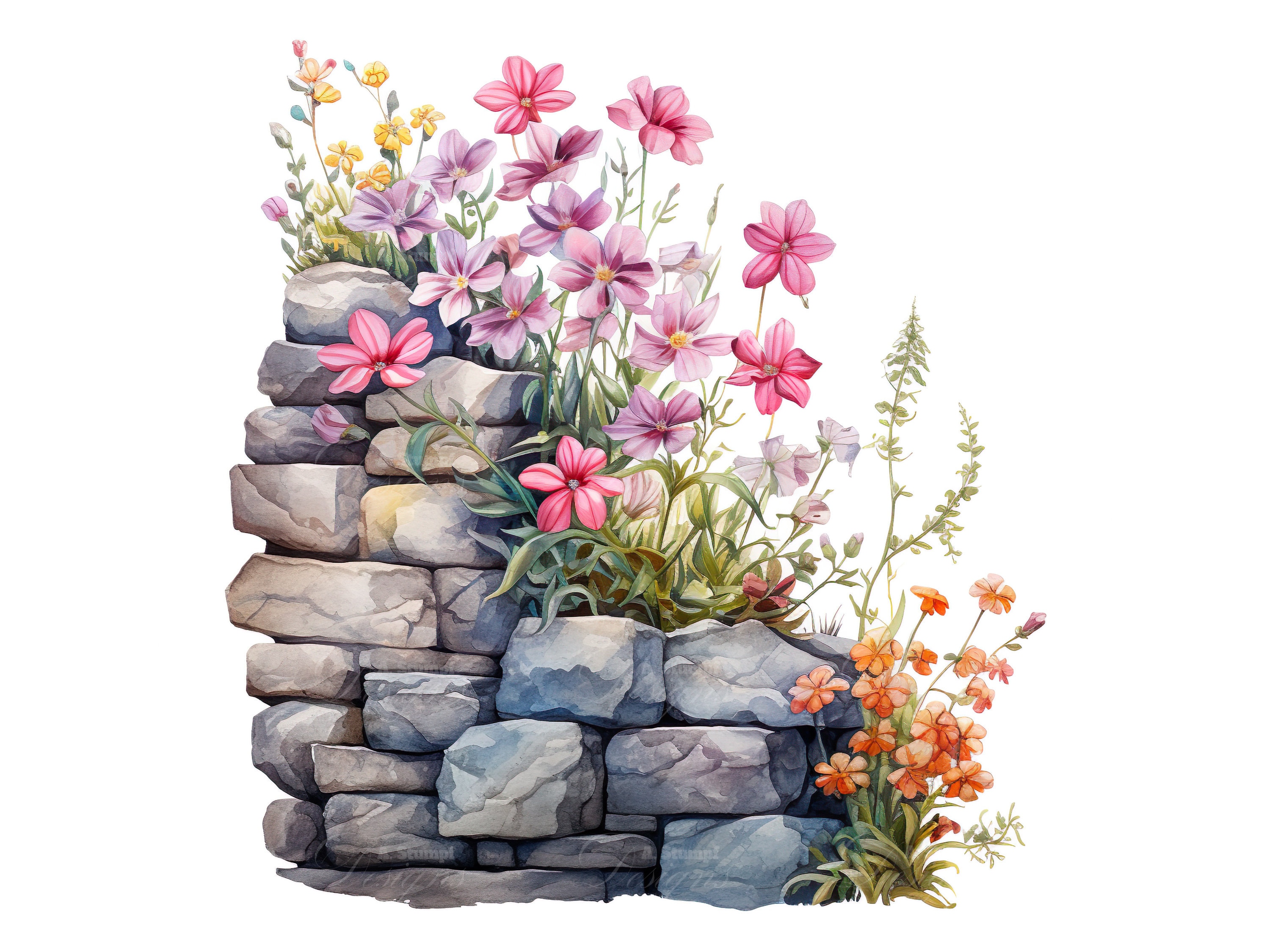 10 Floral Stone Wall, Watercolor Clipart Bundle, Digital Download ...