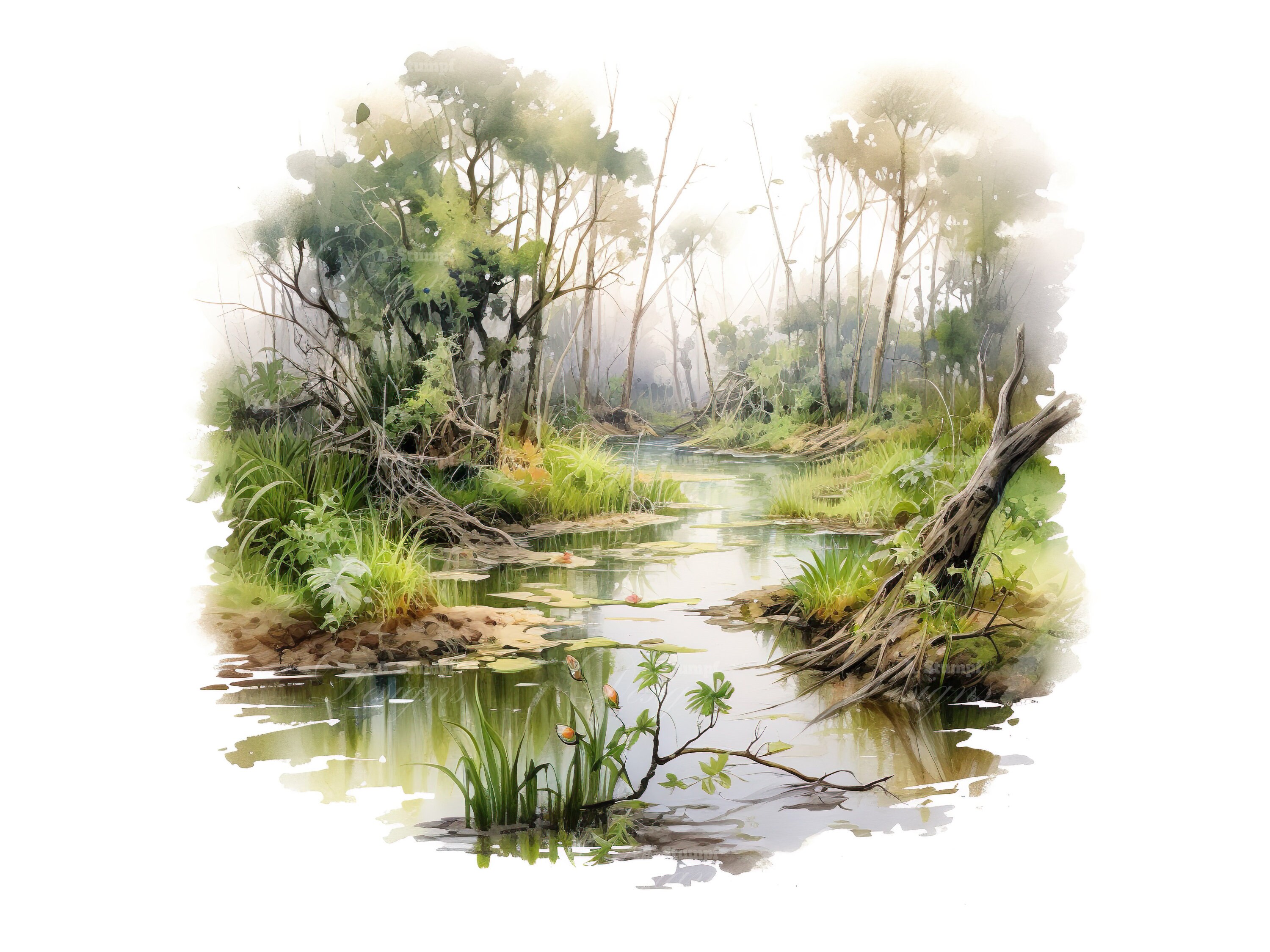 10 Swamp Landscape Clipart Set Wetland Scene Marsh Digital Watercolor ...