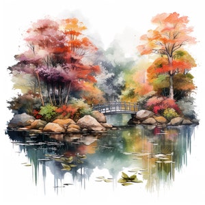 10 Garden Pond in Autumn Clipart Set Fall Pond Scene Illustration ...
