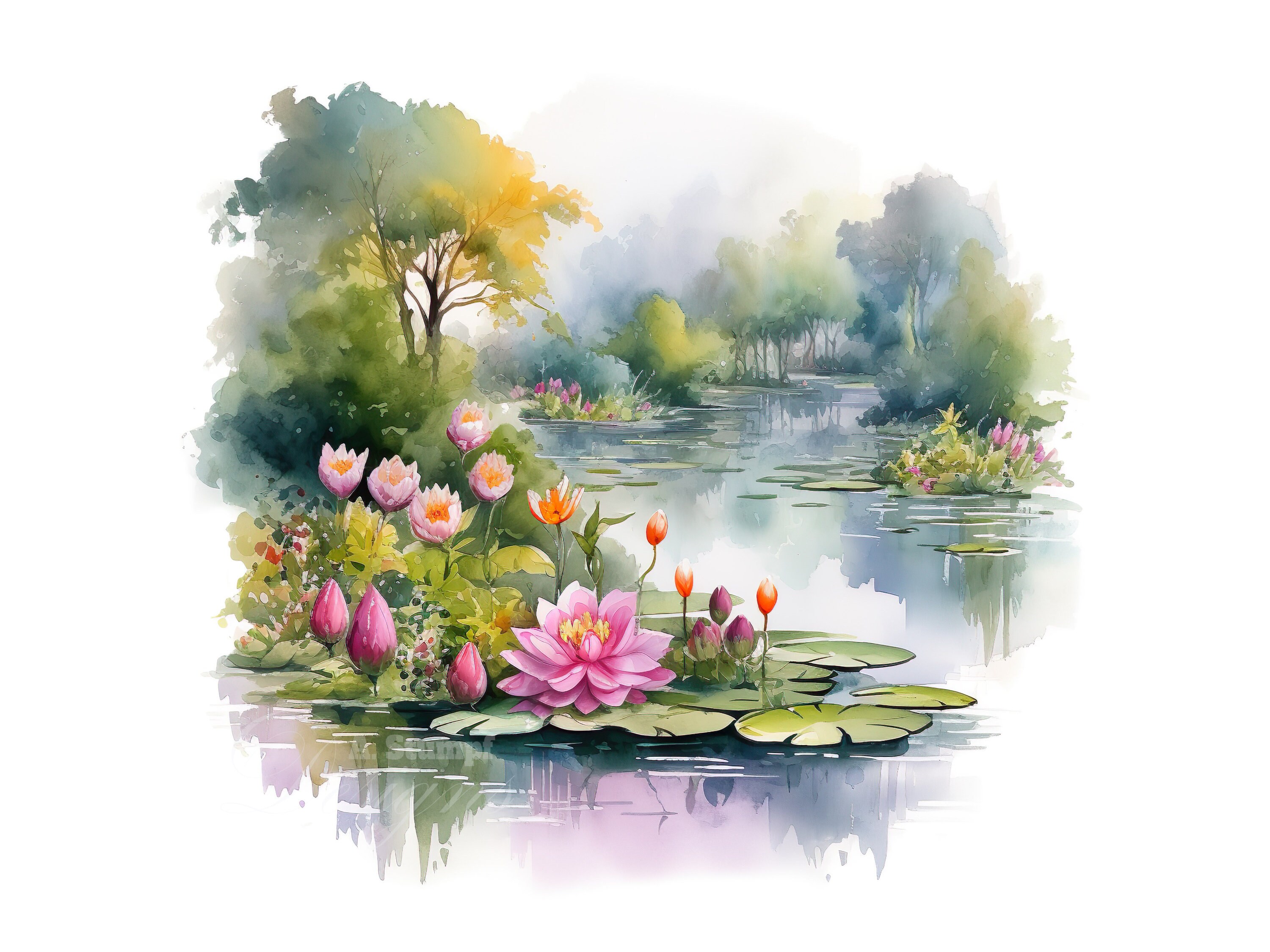 10 Pond Clipart Set Digital Watercolor Painting Floral Nature Scene ...