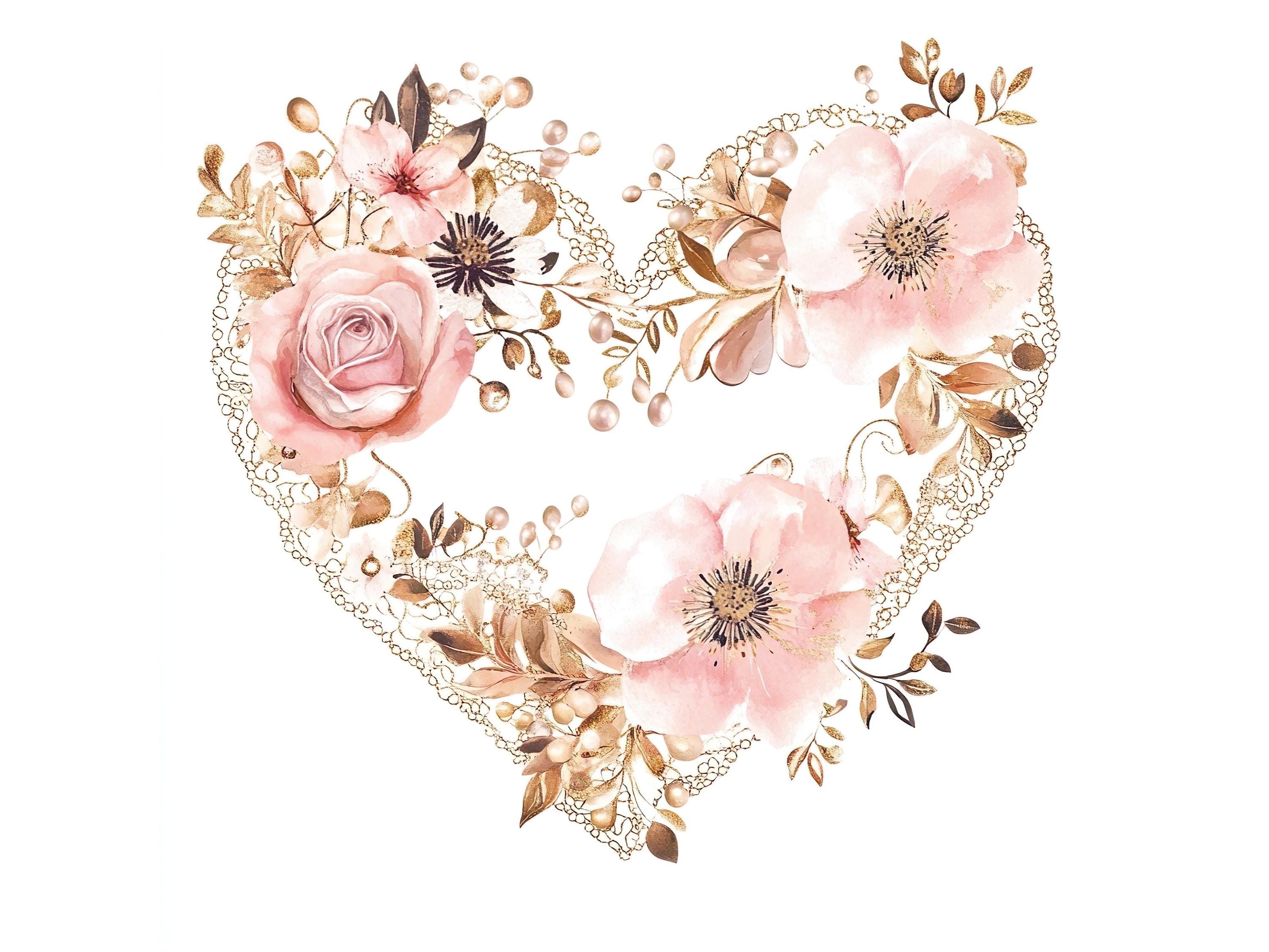 10 Heart Shaped Pink Gold Flowers Clipart Set Digital Watercolor ...