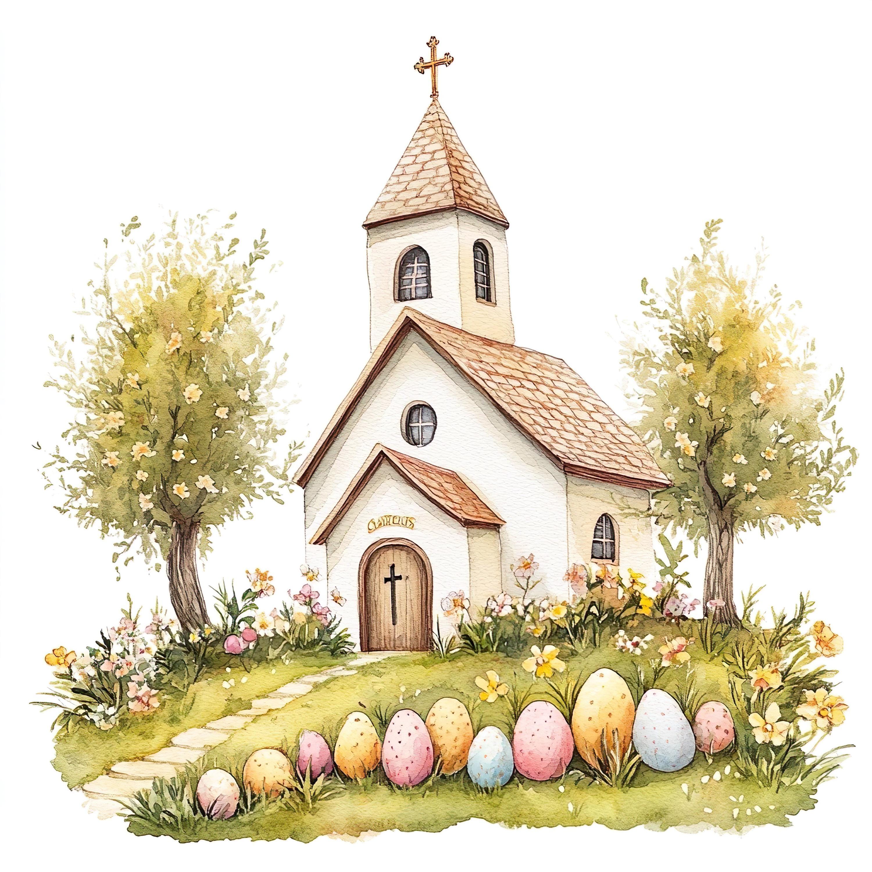 10 Easter Decorated Church Digital Watercolor Painting Christian Decor ...