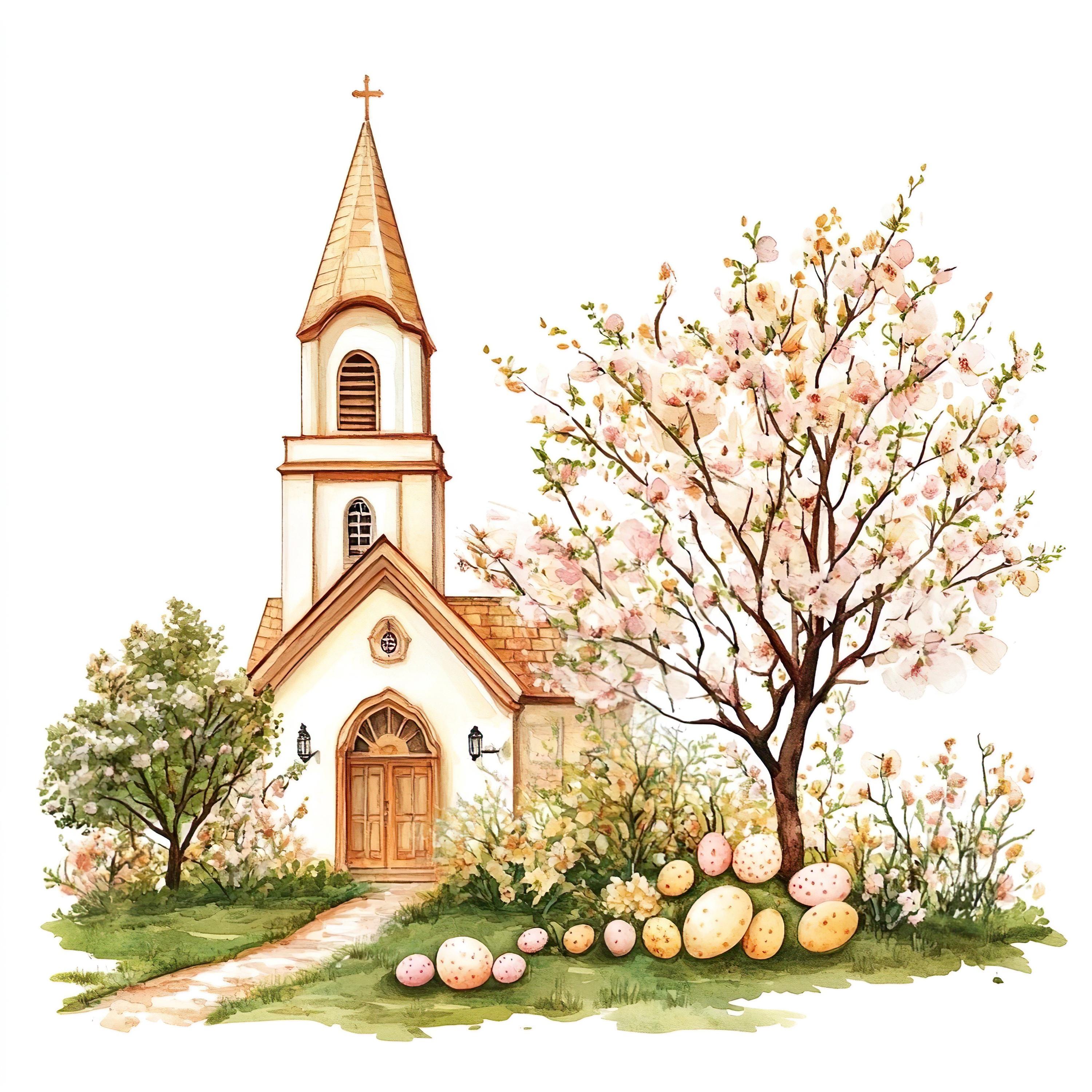 10 Easter Decorated Church Digital Watercolor Painting Christian Decor ...
