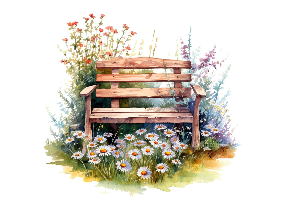 Floral Art Print Bench Clipart Set Garden Bench Watercolor Clipart ...