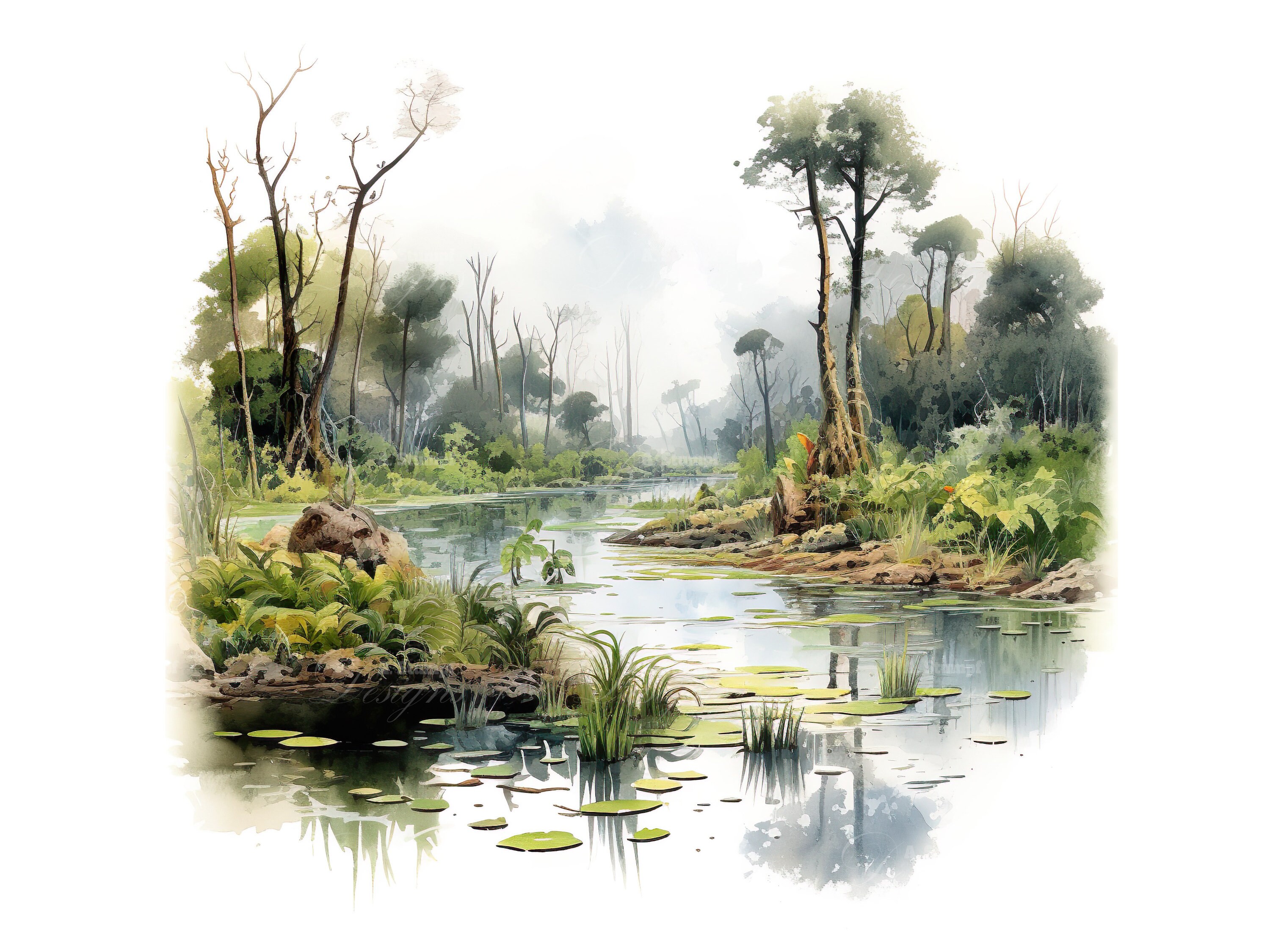 10 Swamp Landscape Clipart Set Wetland Scene Marsh Digital Watercolor ...