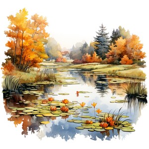 10 Garden Pond in Autumn Clipart Set Fall Pond Scene Illustration ...