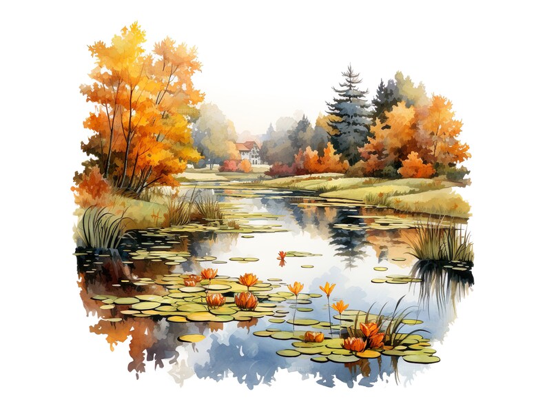 10 Garden Pond in Autumn Clipart Set Fall Pond Scene Illustration ...