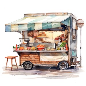 10 Street Food Cart Truck Clipart Set Digital Watercolor Painting ...