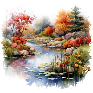 10 Garden Pond in Autumn Clipart Set Fall Pond Scene Illustration ...