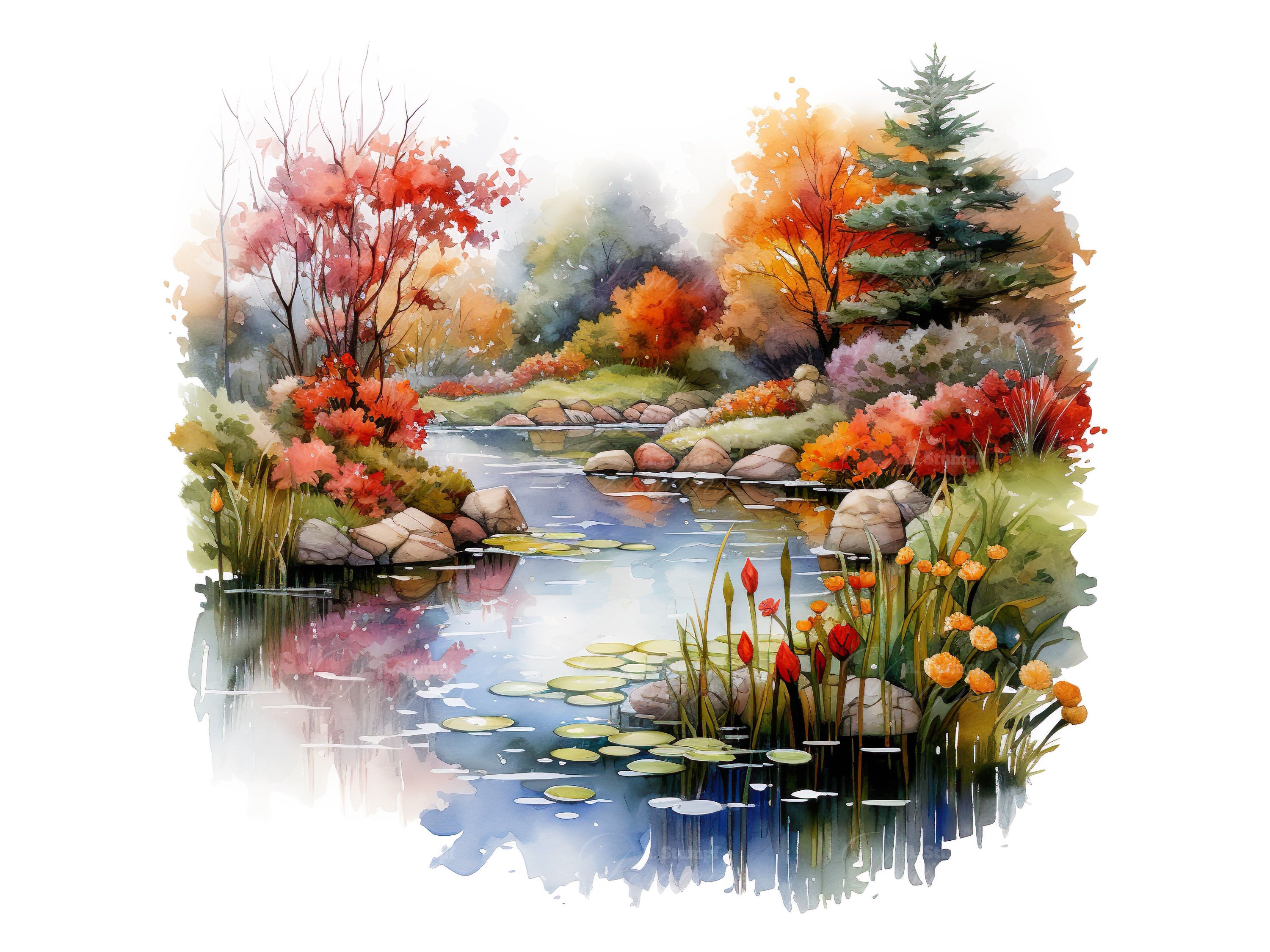10 Garden Pond in Autumn Clipart Set Fall Pond Scene Illustration ...