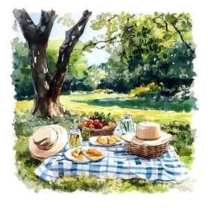 10 Picnic Summer Scenery Clipart Set Digital Watercolor Painting Food ...
