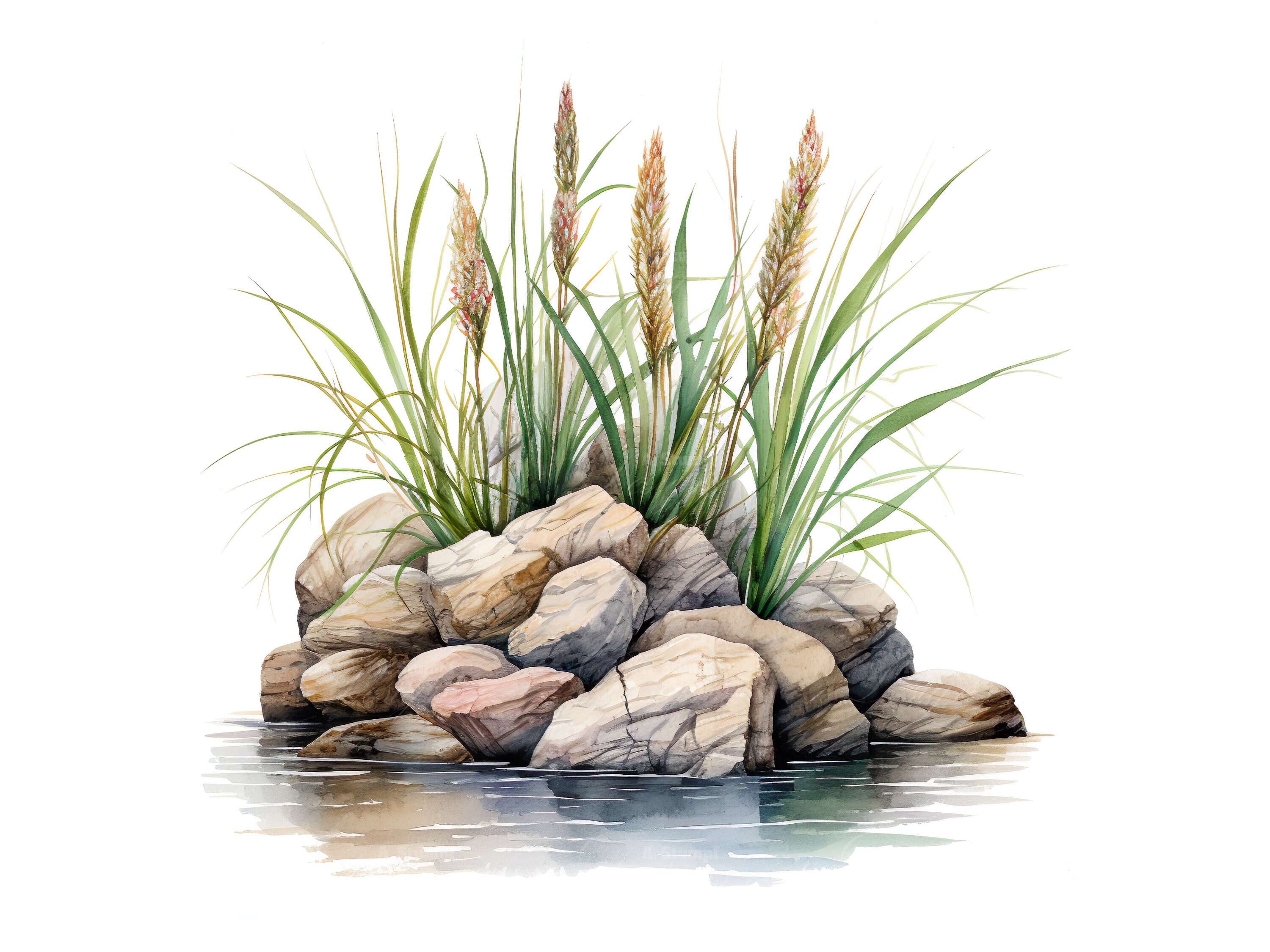 10 Bulrushes Among Rocks, Watercolor Nature Clipart, Digital Botanical ...