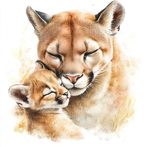 10 Puma Mother With Her Baby Clipart Set Digital Watercolor Animal ...