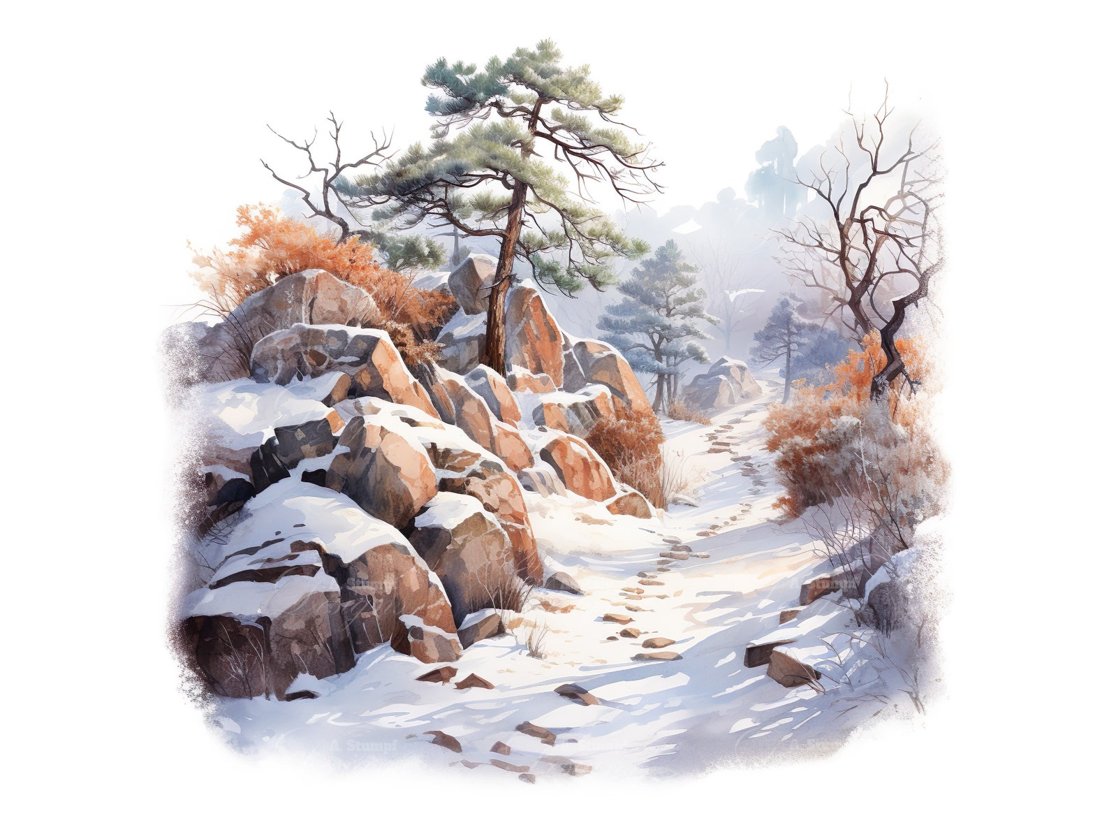 10 Rocky Hiking Trail in Winter Landscape Clipart Set Snowy Mountain ...
