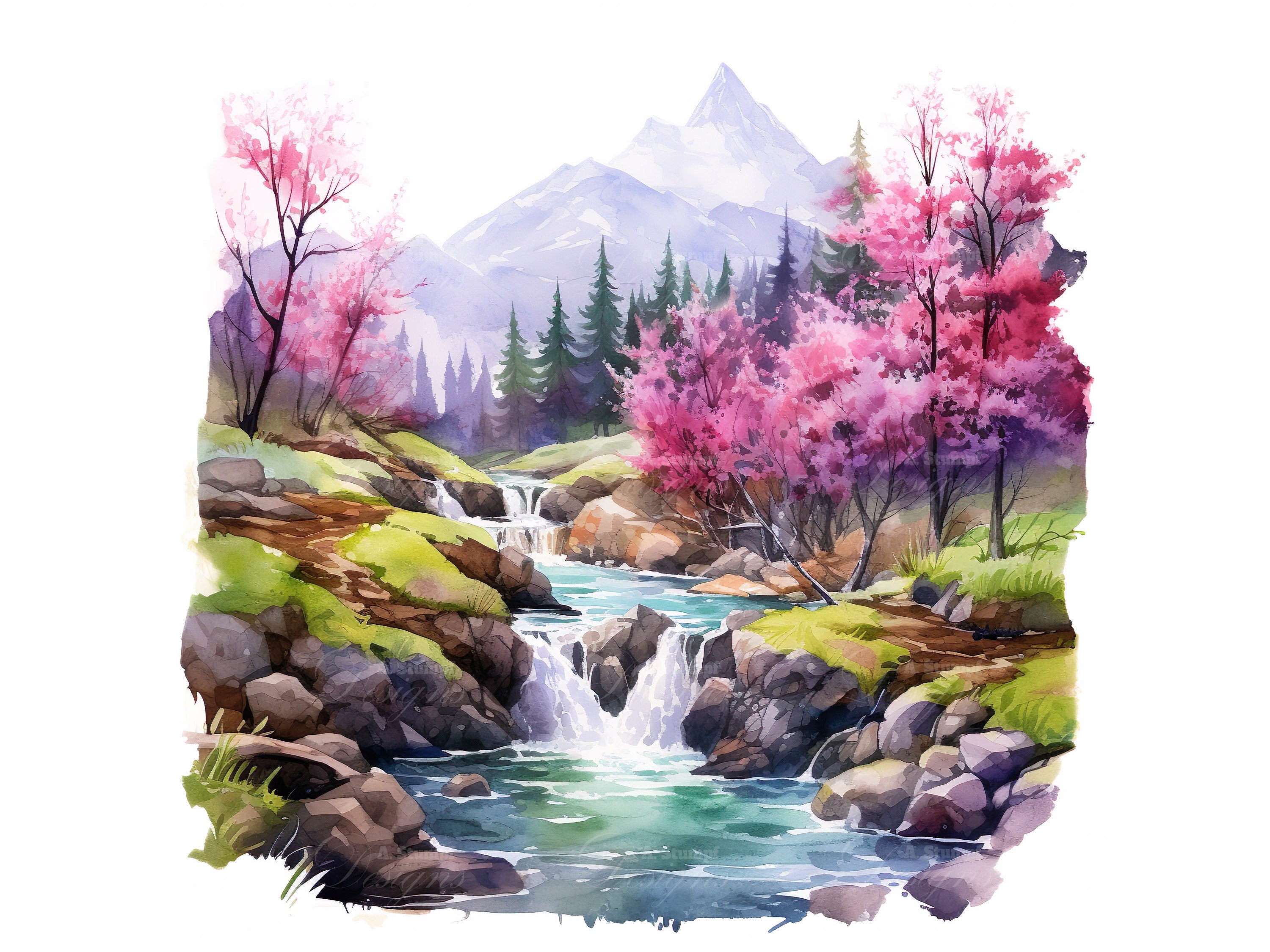 10 Mountain Stream Spring Landscape Clipart Set Digital Watercolor ...