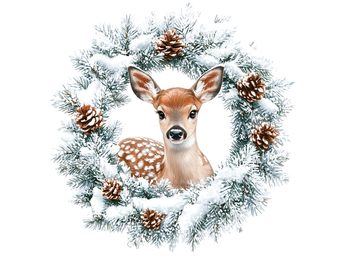 10 Deer in Christmas Wreath Clipart, Digital Watercolor Painting ...