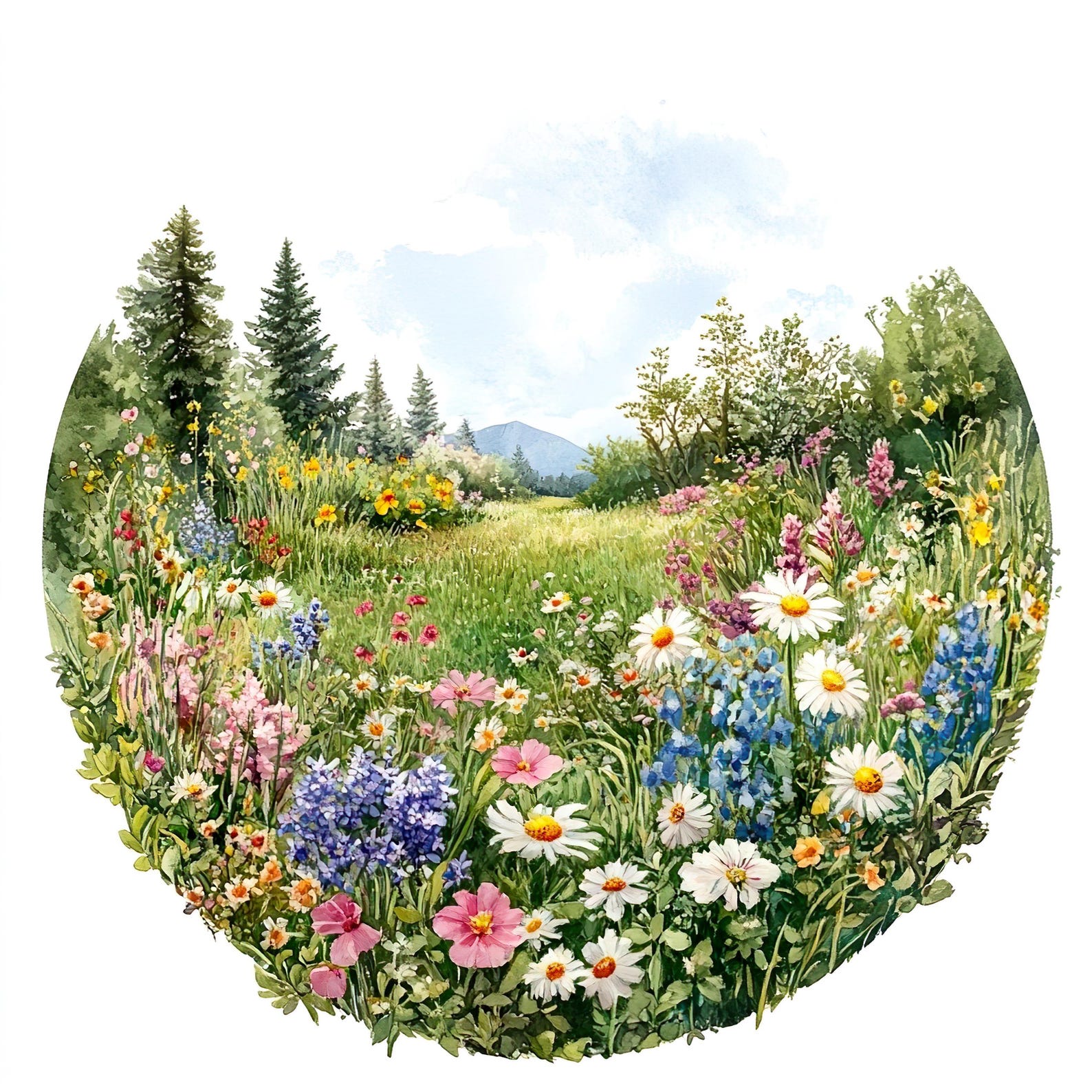 10 Spring Meadow Landscape Circle Shape Clipart Set Digital Watercolor ...