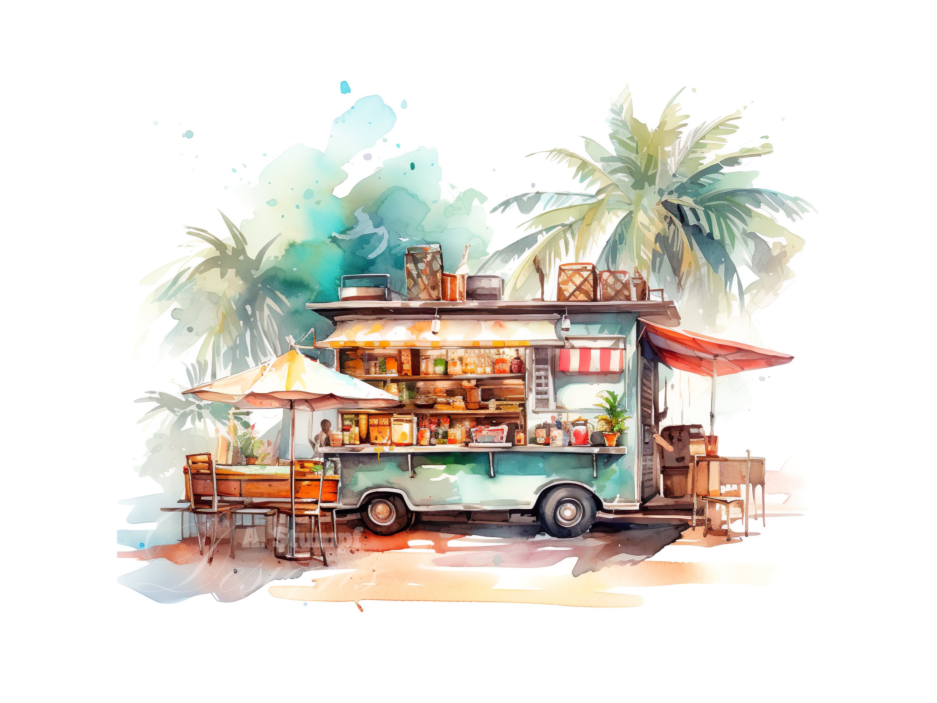 10 Street Food Cart Truck Clipart Set Digital Watercolor Painting ...