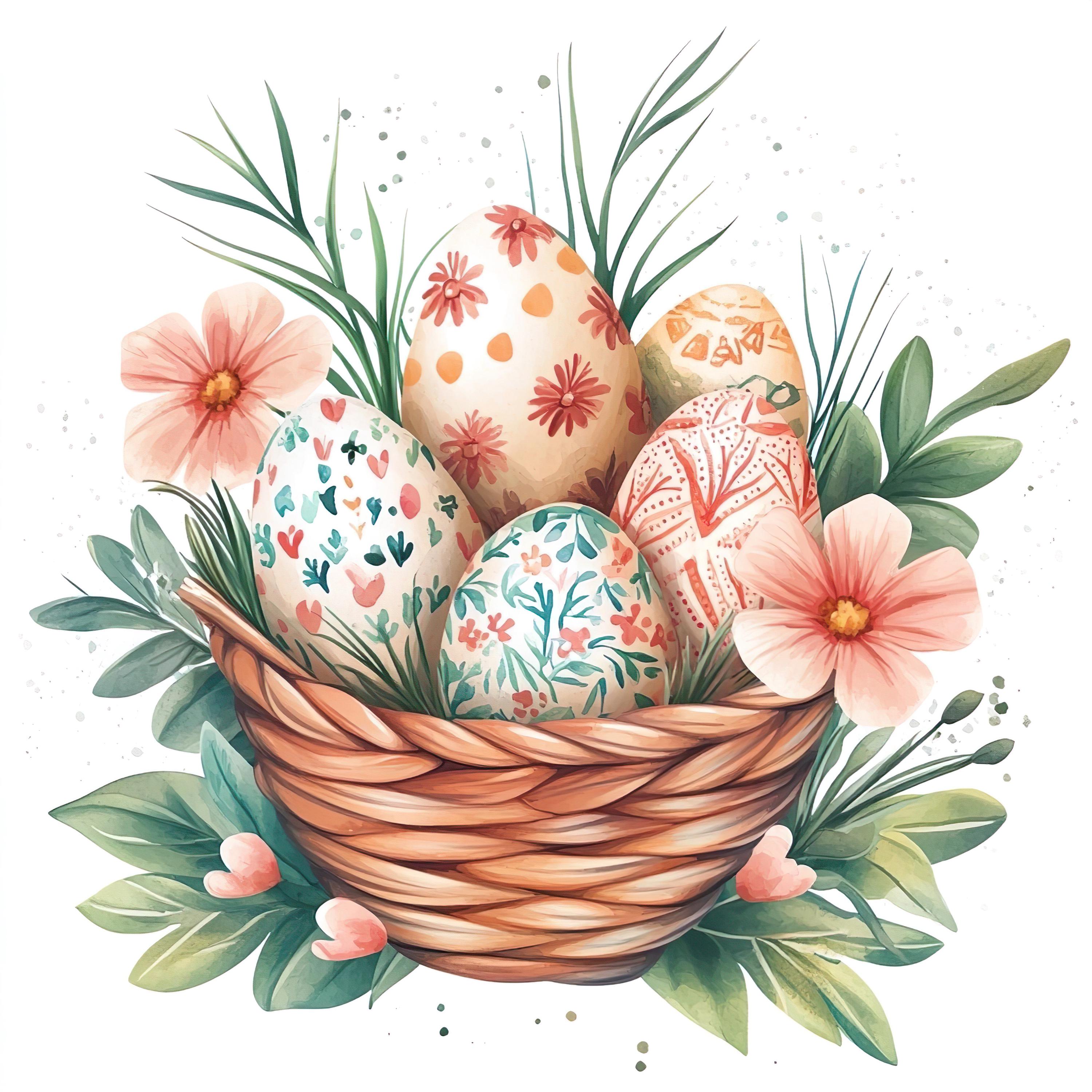 10 Floral Basket Easter Eggs Clipart Set Digital Watercolor Painting ...