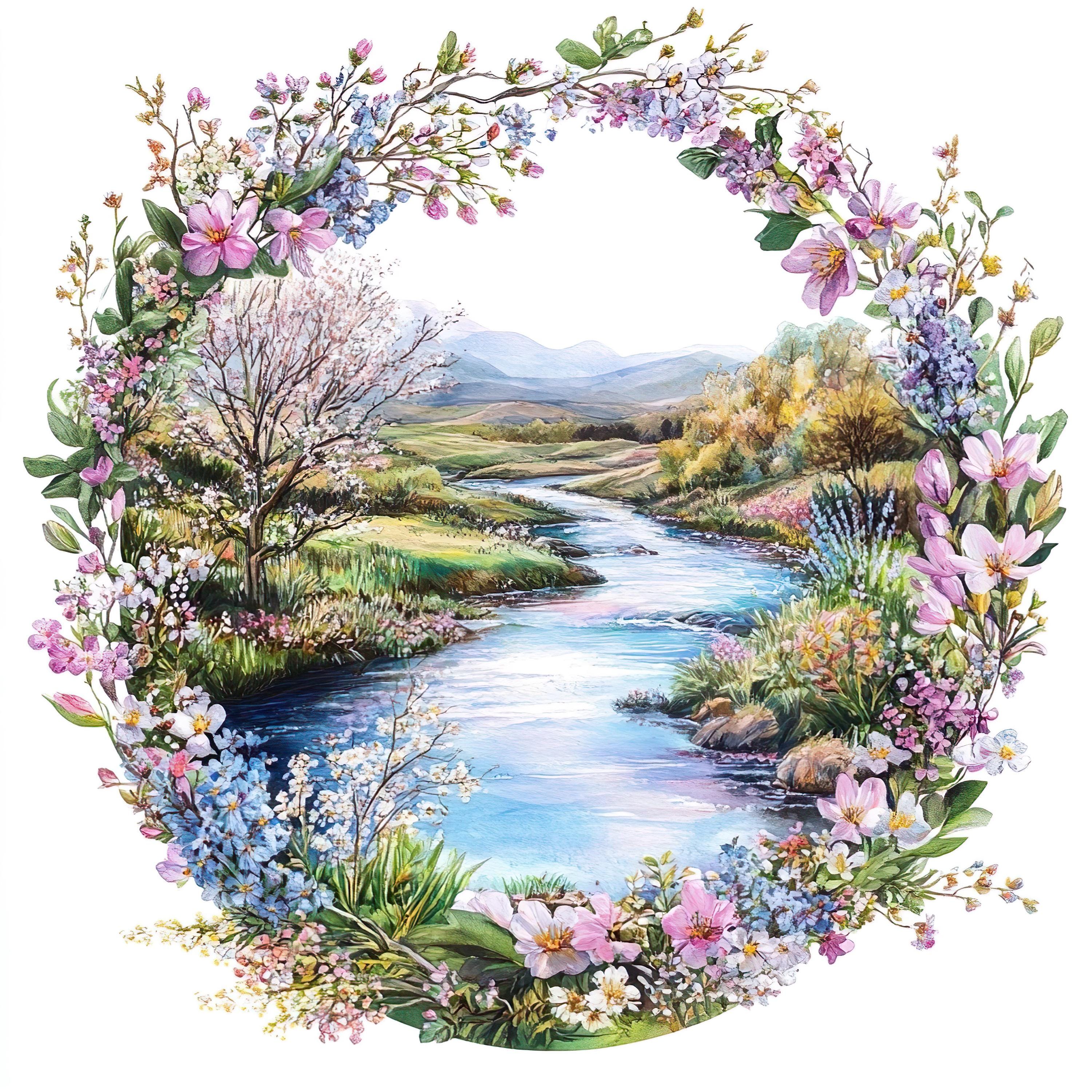 10 Spring River Landscape Clipart Set Digital Watercolor Painting ...