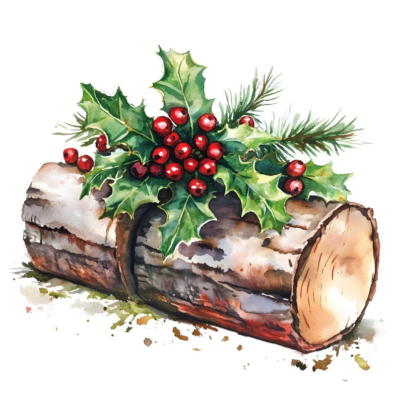 10 Mistletoe and Holly on Pine Wood Logs Clipart Set Digital Watercolor ...