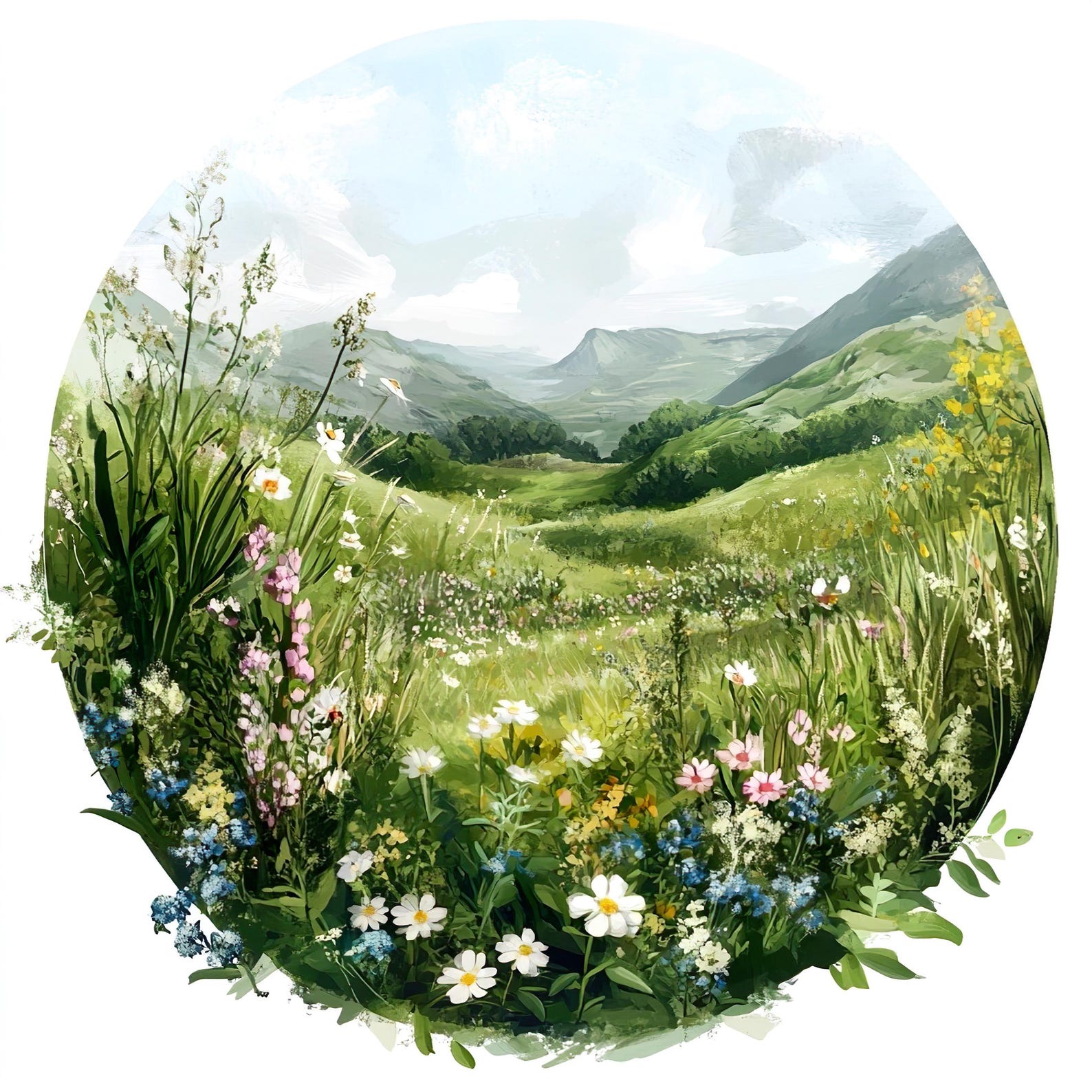 10 Spring Meadow Landscape Circle Shape Clipart Set Digital Watercolor ...