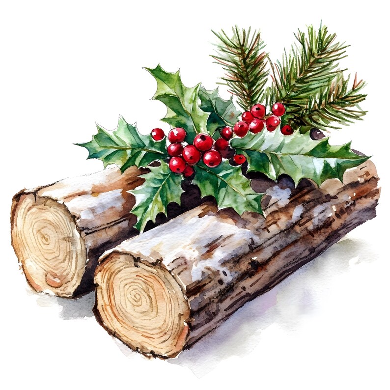 10 Mistletoe and Holly on Pine Wood Logs Clipart Set Digital Watercolor ...