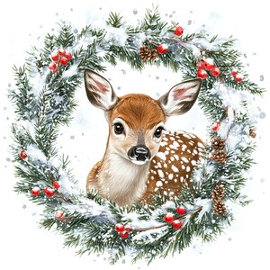 10 Deer in Christmas Wreath Clipart, Digital Watercolor Painting ...