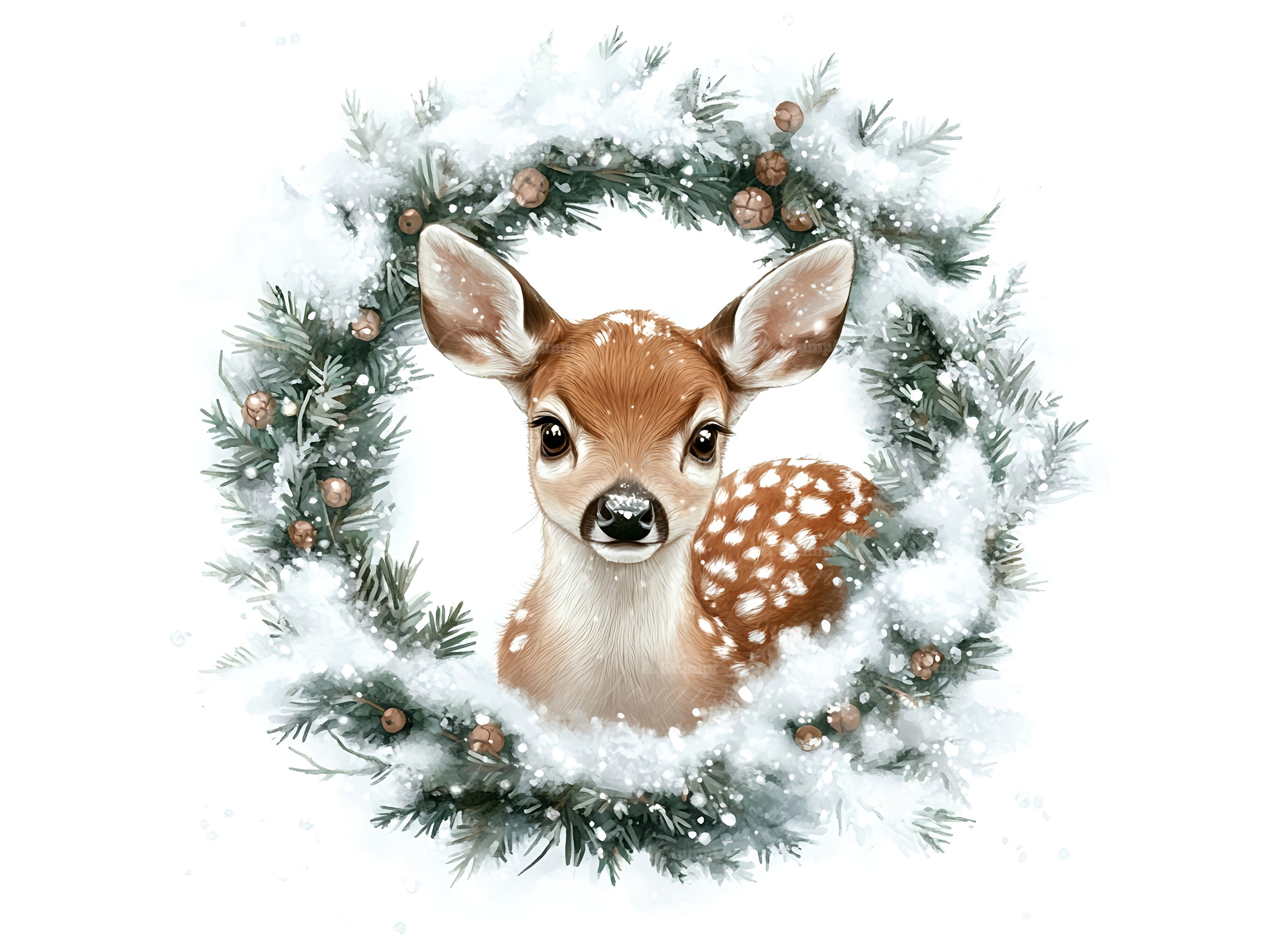 10 Deer in Christmas Wreath Clipart, Digital Watercolor Painting ...