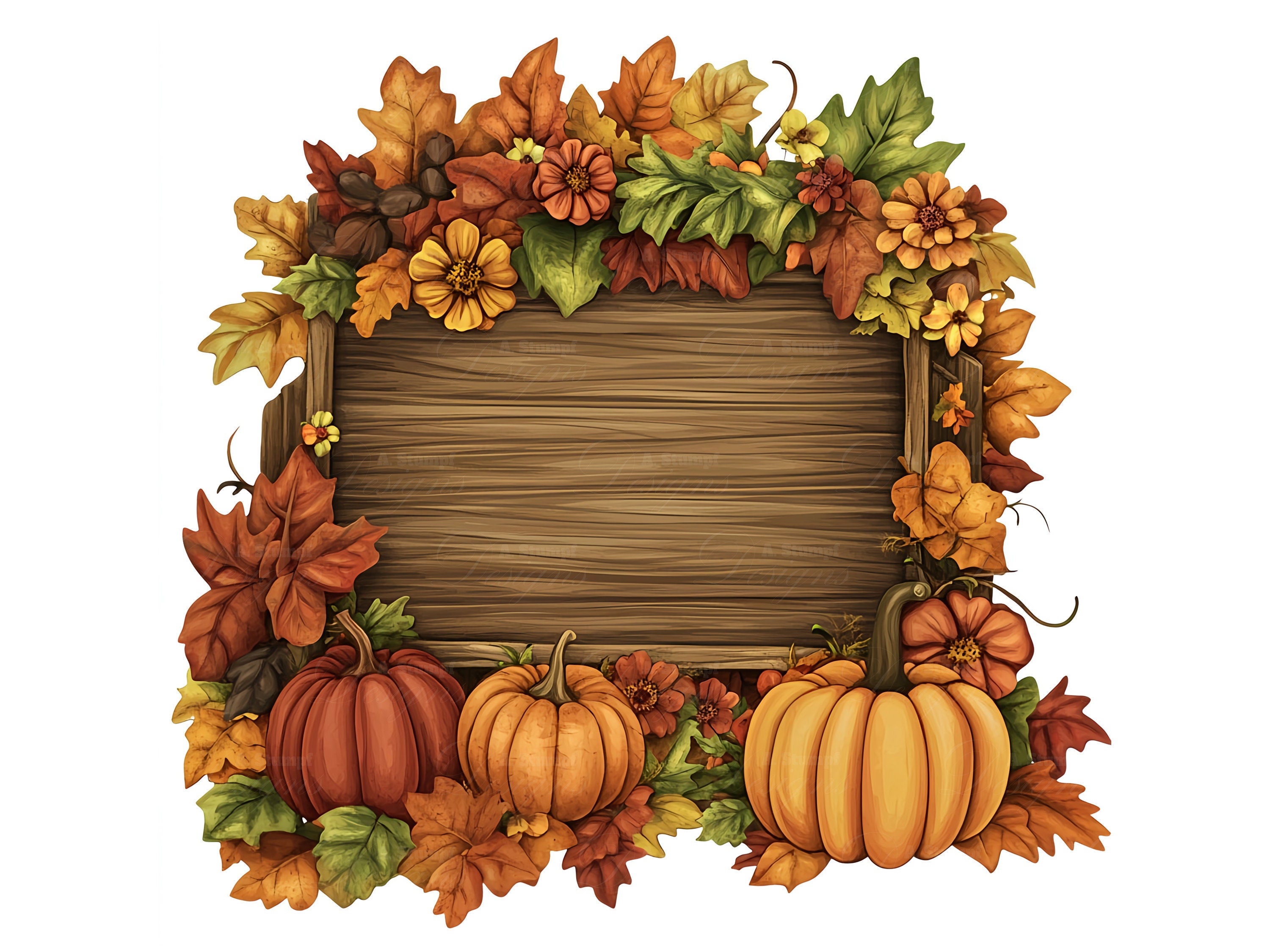 10 Empty Wooden Sign Clipart Leaves Pumpkins Flowers Digital Watercolor ...