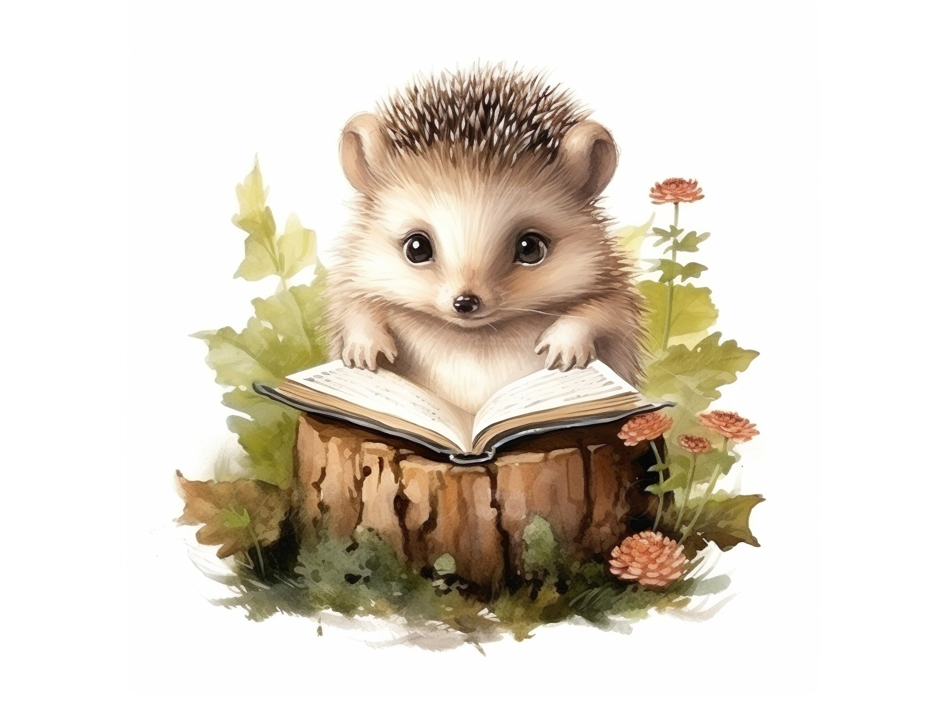 10 Baby Hedgehog Reading a Book Cute Nursery Art Woodland Animal ...