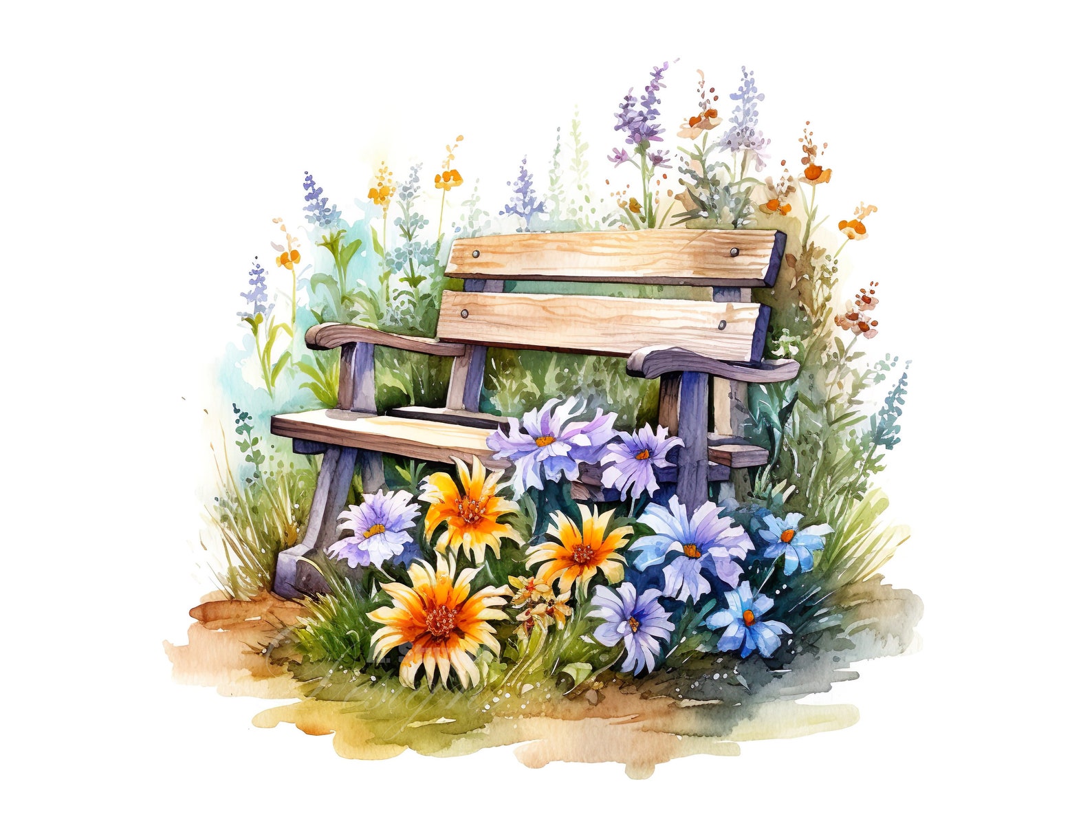 Floral Art Print Bench Clipart Set Garden Bench Watercolor Clipart ...