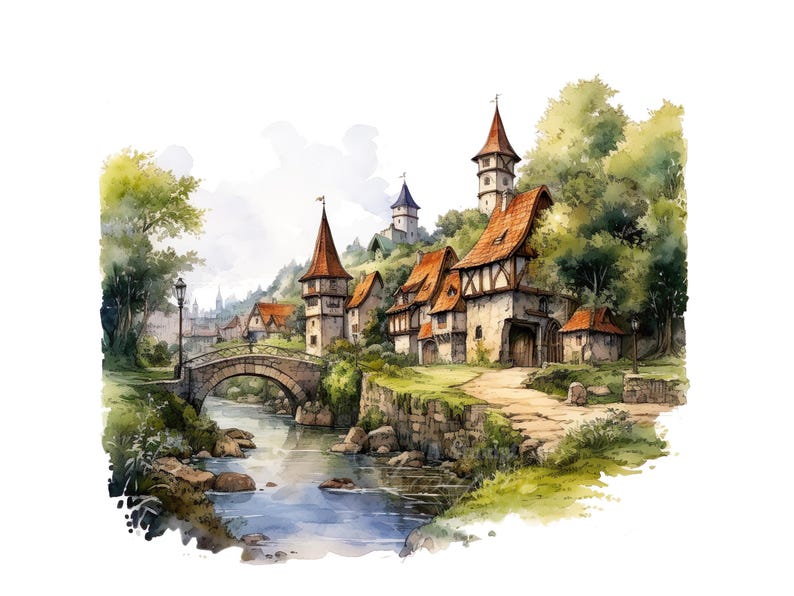 10 Medieval Village Landscape Clipart Set Digital Watercolor Historical ...