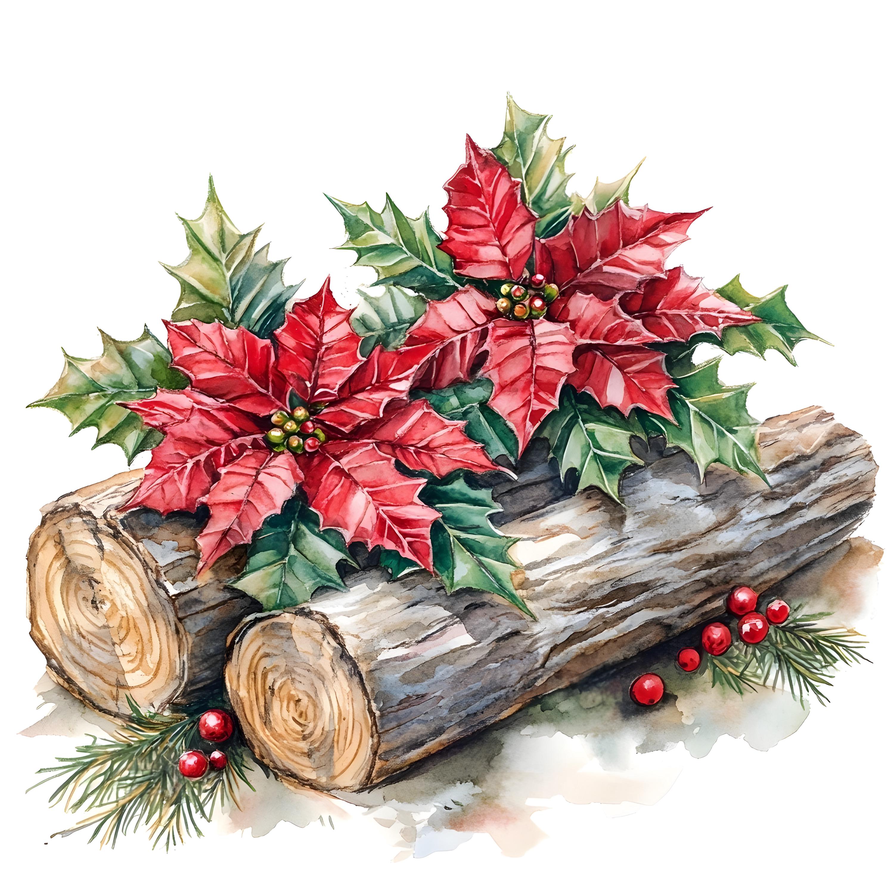 10 Poinsettia and Holly on Pine Wood Logs Clipart Set Digital ...