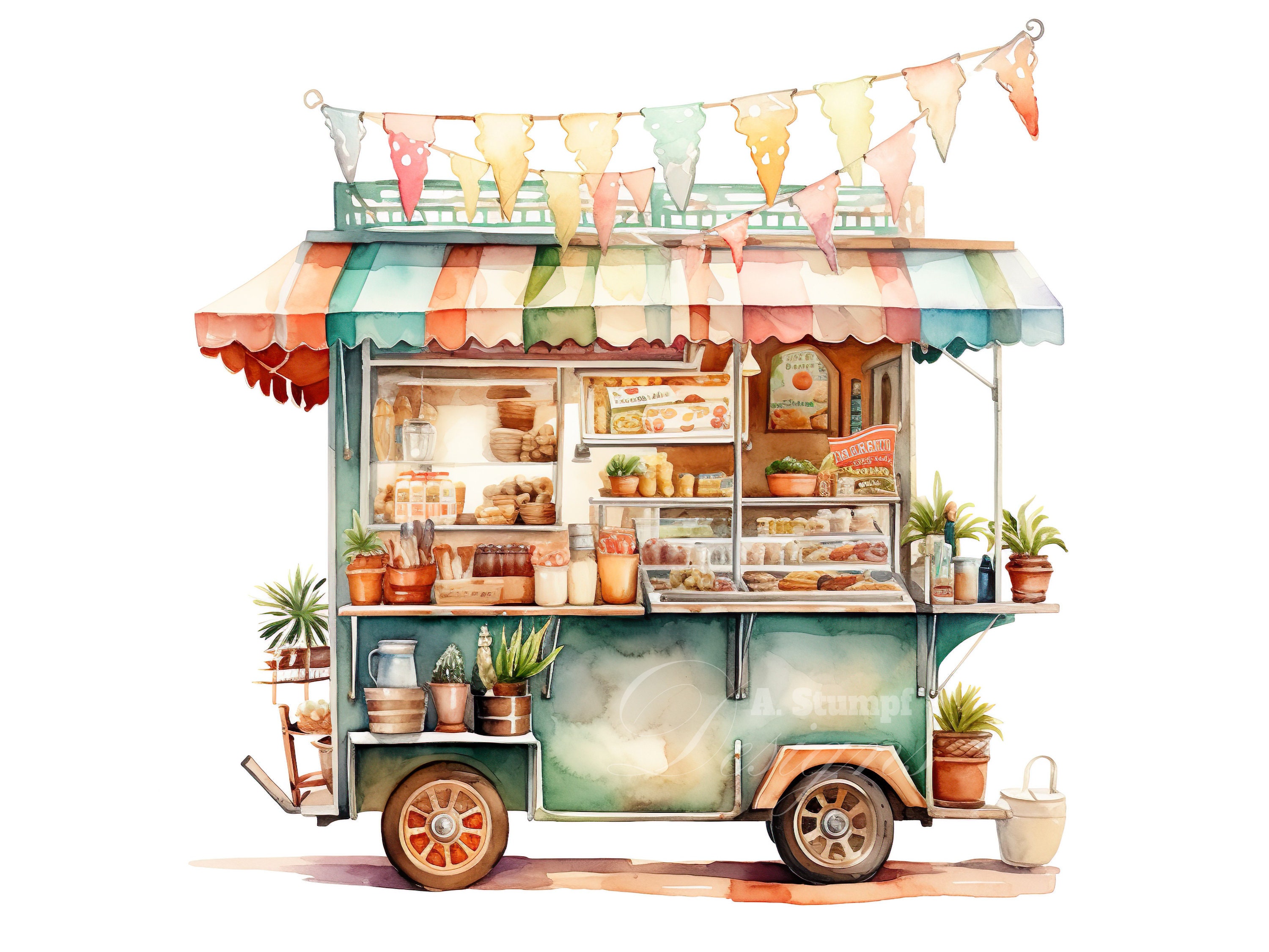 10 Street Food Cart Truck Clipart Set Digital Watercolor Painting ...