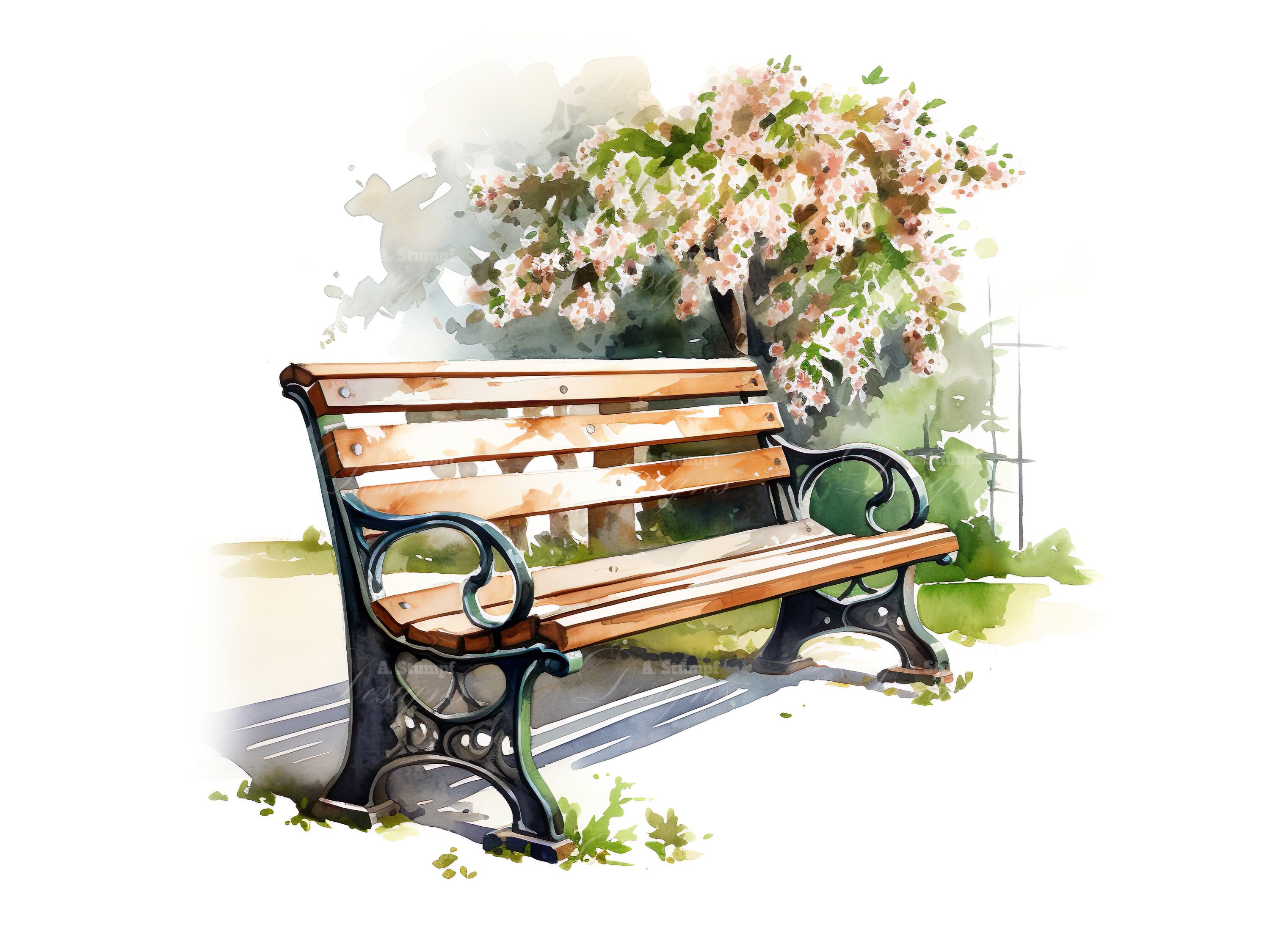 10 Park Bench Clipart Summer Scenery Illustration Digital Watercolor ...