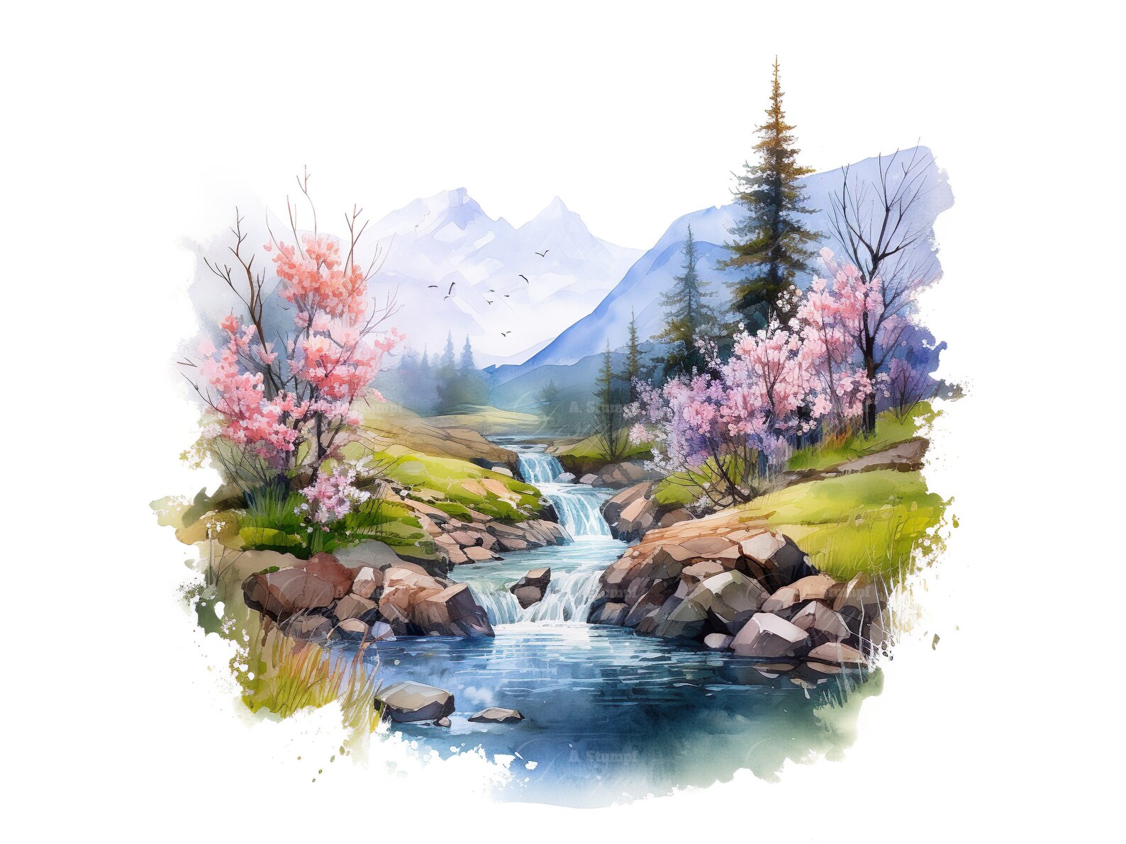 10 Mountain Stream Spring Landscape Clipart Set Digital Watercolor ...