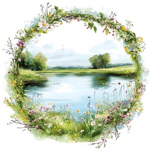10 Spring Lake Landscape Clipart Set Digital Watercolor Painting Floral ...
