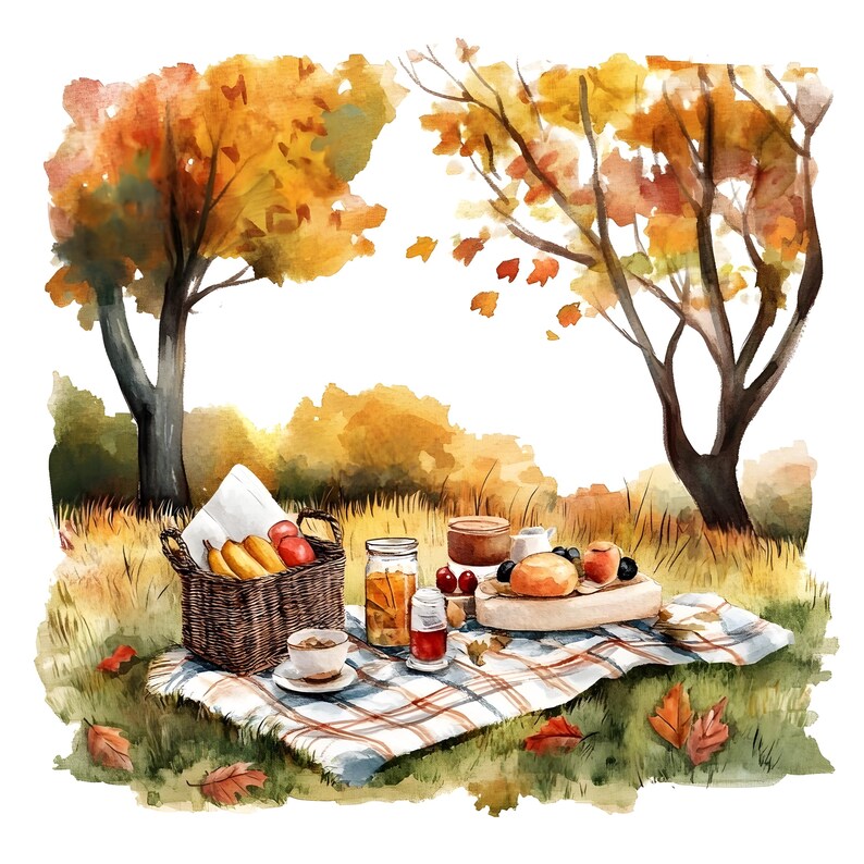10 Picnic Autumn Scenery Clipart Digital Watercolor Rustic Fall ...