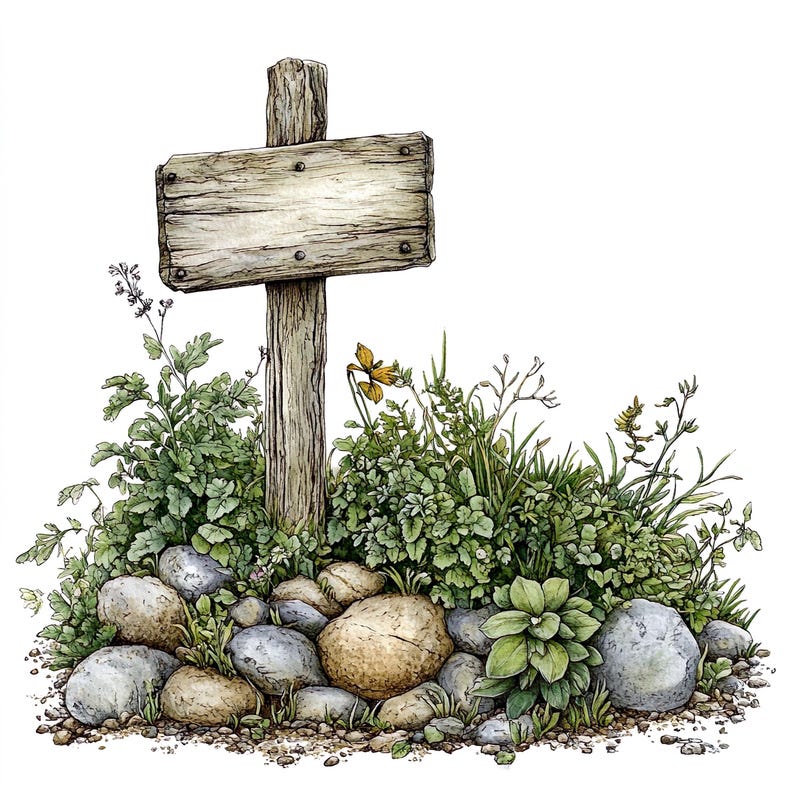 10 Old Empty Wooden Garden Sign With Rocks and Plants Clipart Set ...