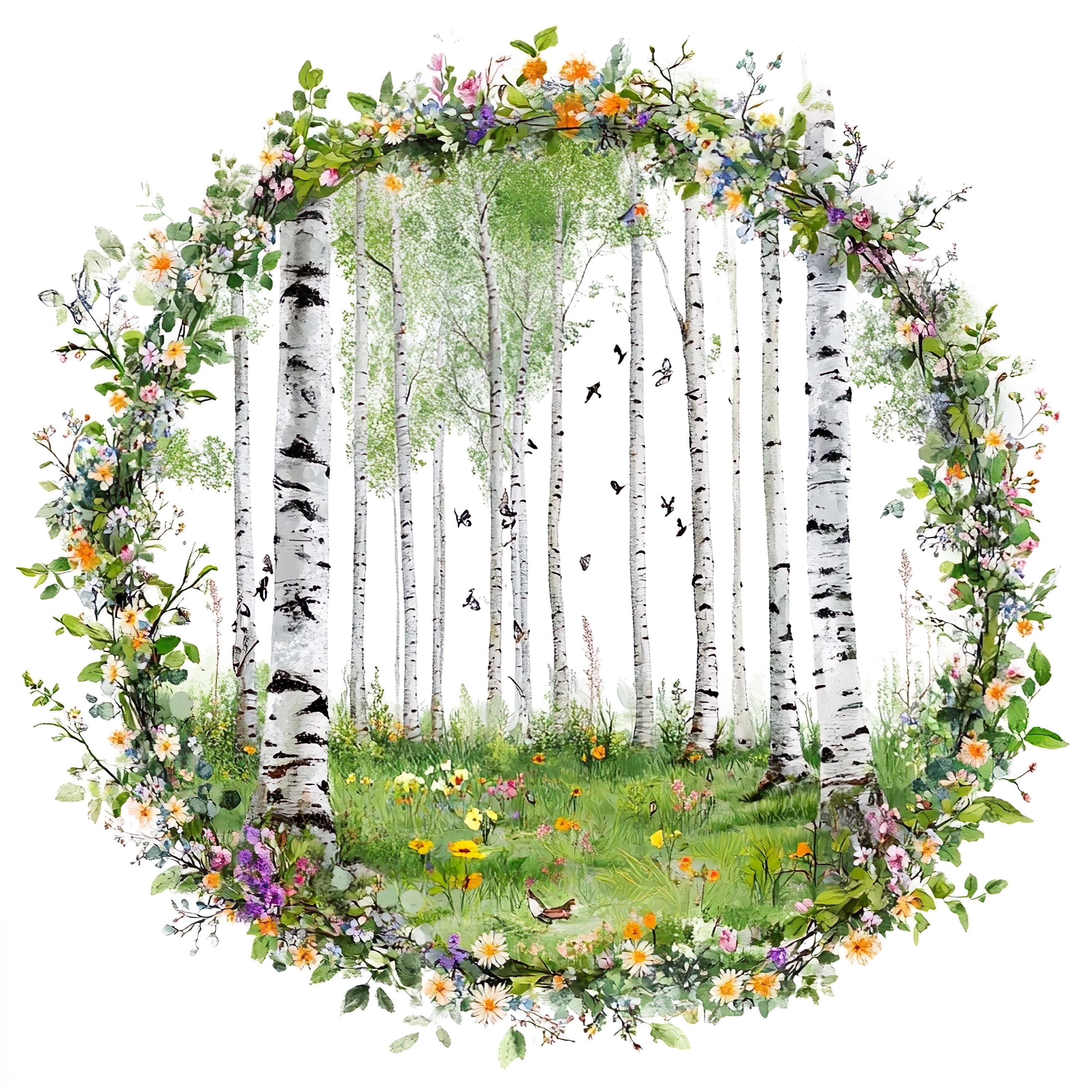 10 Spring Birch Tree Forest Landscape Wreath Clipart Set Digital ...